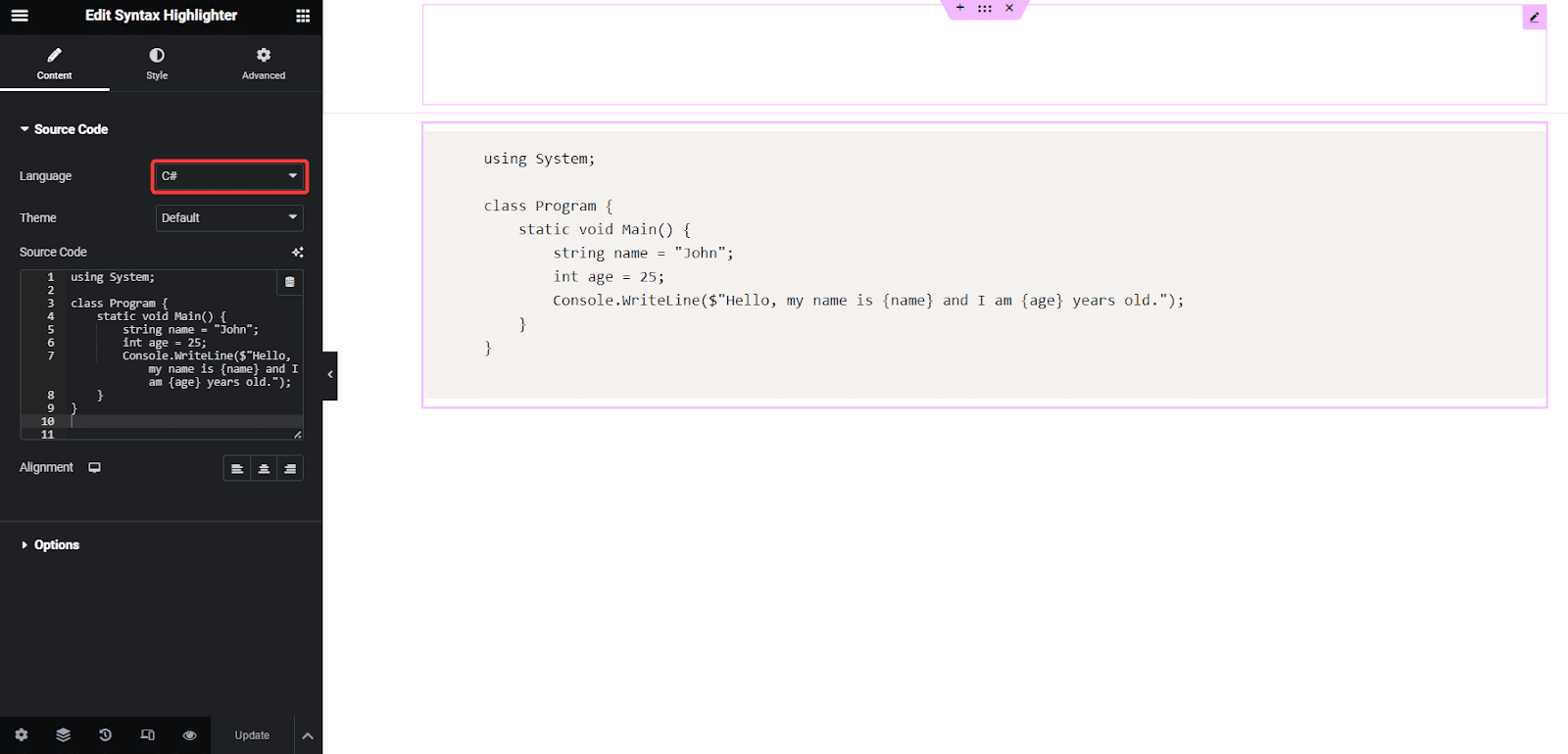Syntax Highlighter: Settings Overview | The Plus Addons for Elementor